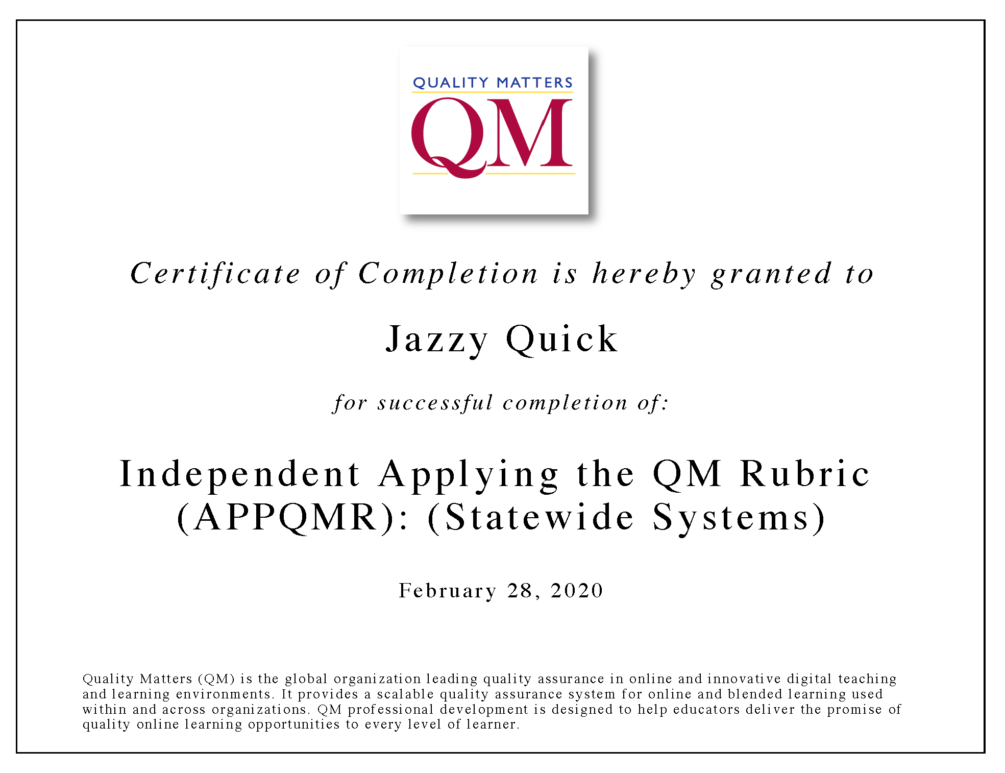 Certifications & Degrees - Jazzy Quick Portfolio